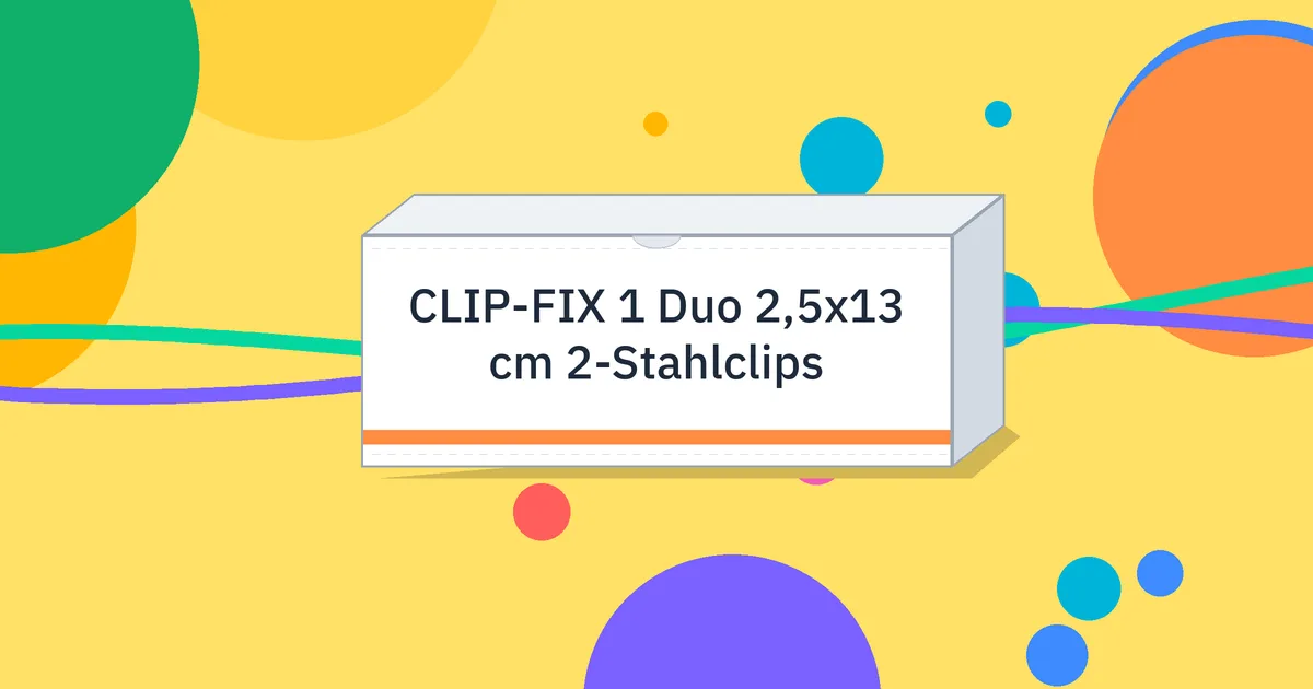Symbolbild: Packung mit der Aufschrift CLIP-FIX 1 Duo 2,5x13 cm 2-Stahlclips (PZN 18756201) – Verfügbarkeit und Bezug in Apotheken in Frankfurt am Main