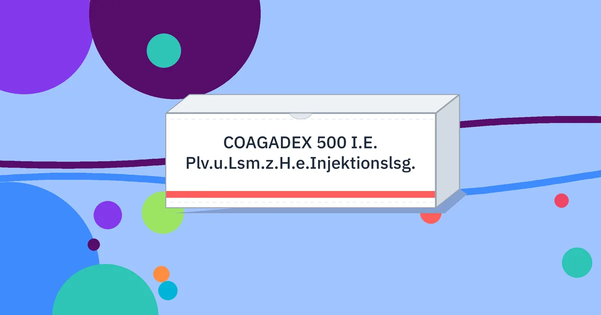 Symbolbild: Packung mit der Aufschrift COAGADEX 500 I.E. Plv.u.Lsm.z.H.e.Injektionslsg. (PZN 12392726) – Verfügbarkeit und Bezug in Apotheken in Frankfurt am Main