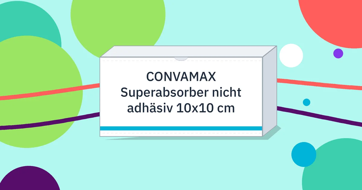 Symbolbild: Packung mit der Aufschrift CONVAMAX Superabsorber nicht adhäsiv 10x10 cm (PZN 17166532) – Verfügbarkeit und Bezug in Apotheken in Frankfurt am Main