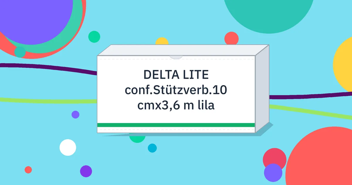Symbolbild: Packung mit der Aufschrift DELTA LITE conf.Stützverb.10 cmx3,6 m lila (PZN 07536028) – Verfügbarkeit und Bezug in Apotheken in Frankfurt am Main