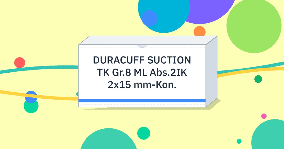 Symbolbild: Packung mit der Aufschrift DURACUFF SUCTION TK Gr.8 ML Abs.2IK 2x15 mm-Kon. (PZN 04961239) – Verfügbarkeit und Bezug in Apotheken in Frankfurt am Main