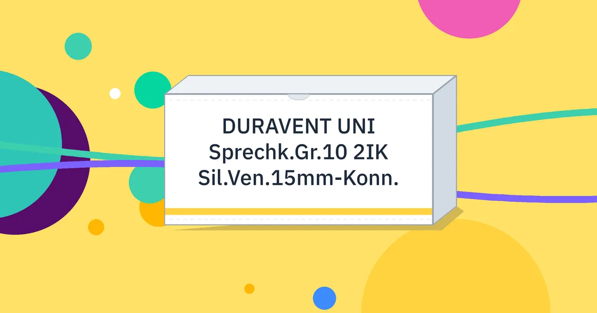 Symbolbild: Packung mit der Aufschrift DURAVENT UNI Sprechk.Gr.10 2IK Sil.Ven.15mm-Konn. (PZN 02083355) – Verfügbarkeit und Bezug in Apotheken in Frankfurt am Main