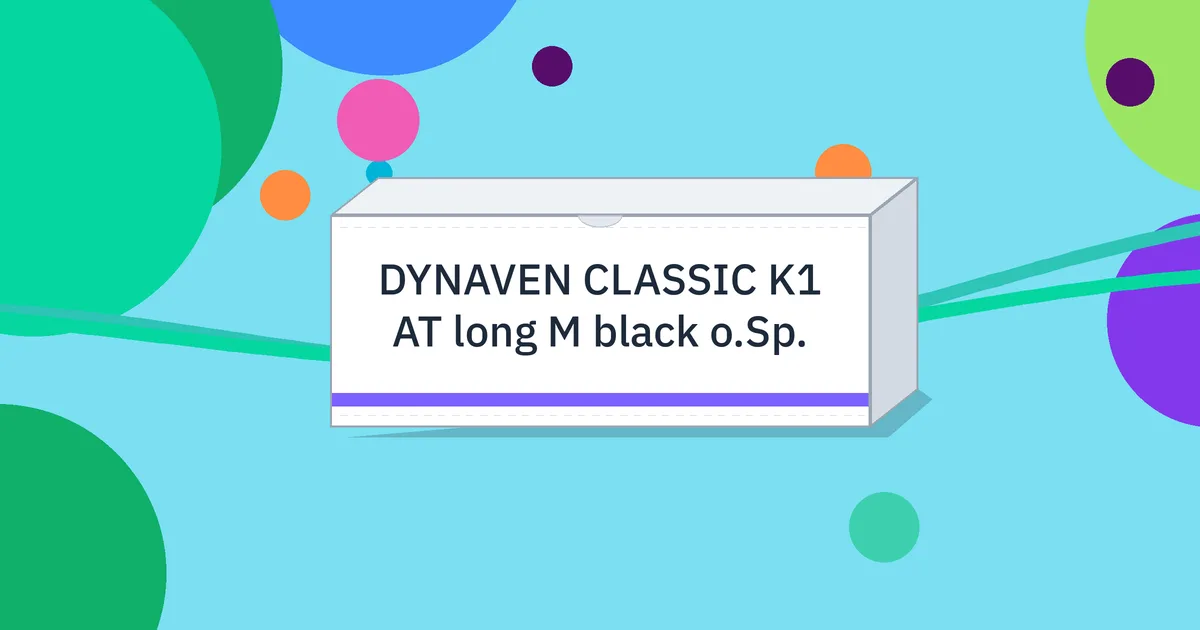 Symbolbild: Packung mit der Aufschrift DYNAVEN CLASSIC K1 AT long M black o.Sp. (PZN 18415948) – Verfügbarkeit und Bezug in Apotheken in Frankfurt am Main