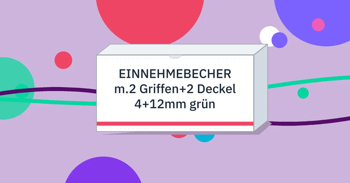 Symbolbild: Packung mit der Aufschrift EINNEHMEBECHER m.2 Griffen+2 Deckel 4+12mm grün (PZN 01687766) – Verfügbarkeit und Bezug in Apotheken in Frankfurt am Main