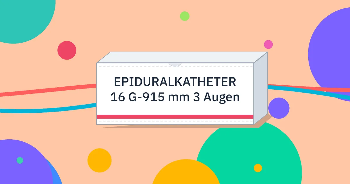 Symbolbild: Packung mit der Aufschrift EPIDURALKATHETER 16 G-915 mm 3 Augen (PZN 02357976) – Verfügbarkeit und Bezug in Apotheken in Frankfurt am Main