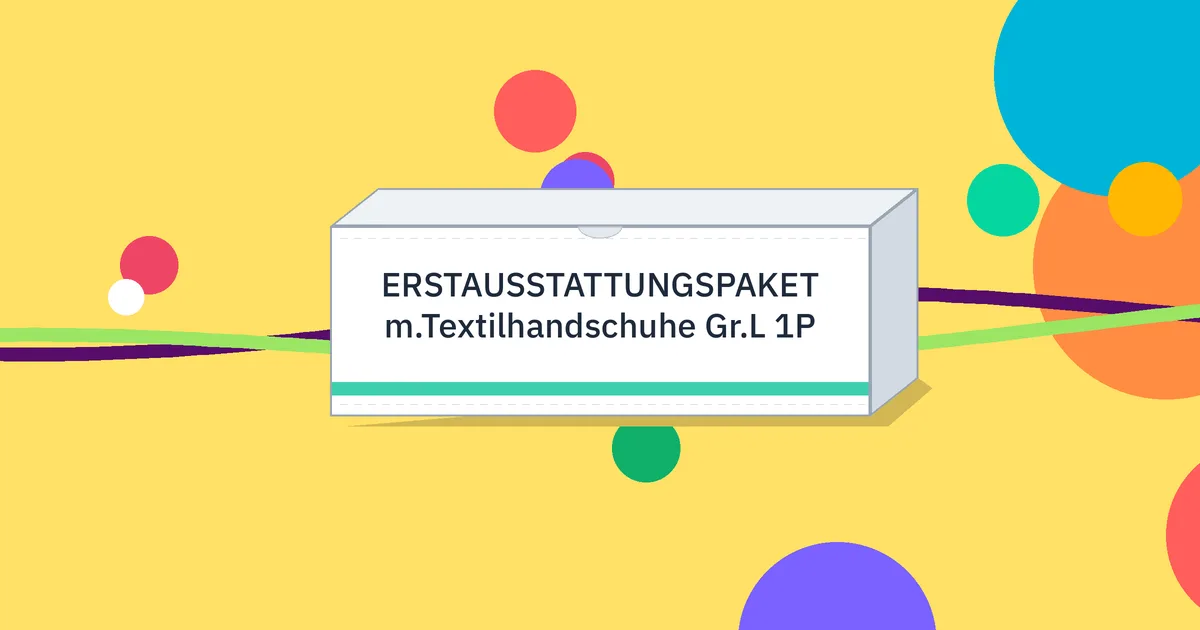 Symbolbild: Packung mit der Aufschrift ERSTAUSSTATTUNGSPAKET m.Textilhandschuhe Gr.L 1P (PZN 19628528) – Verfügbarkeit und Bezug in Apotheken in Frankfurt am Main