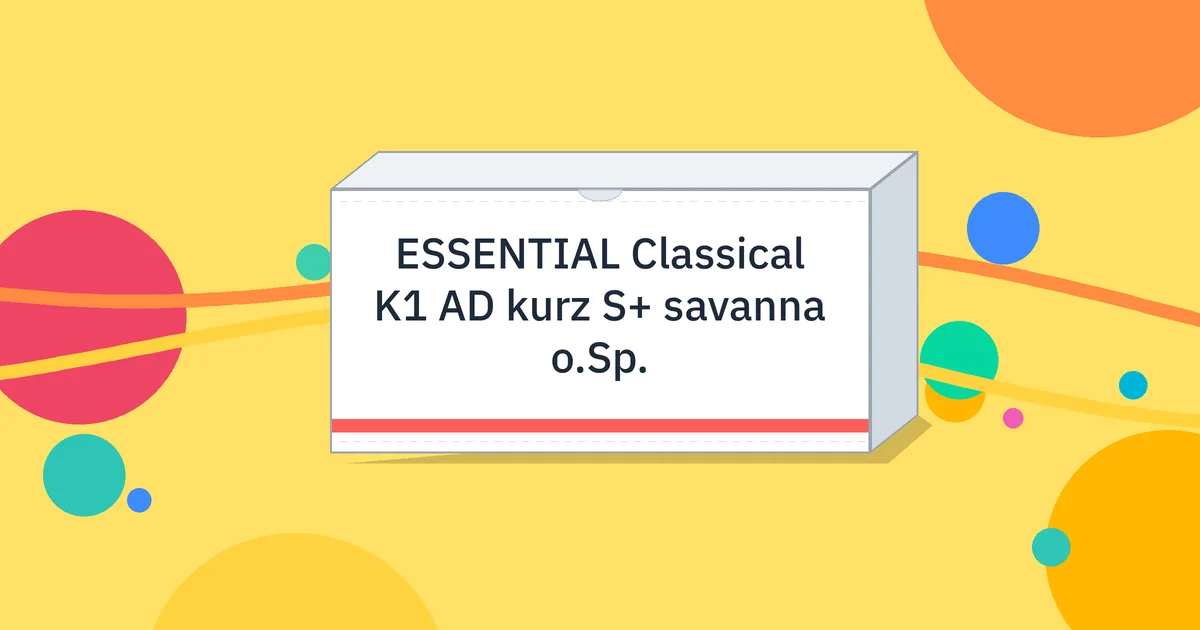 Symbolbild: Packung mit der Aufschrift ESSENTIAL Classical K1 AD kurz S+ savanna o.Sp. (PZN 17003876) – Verfügbarkeit und Bezug in Apotheken in Frankfurt am Main