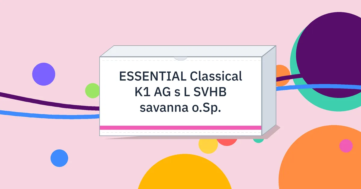 Symbolbild: Packung mit der Aufschrift ESSENTIAL Classical K1 AG s L SVHB savanna o.Sp. (PZN 18420381) – Verfügbarkeit und Bezug in Apotheken in Frankfurt am Main