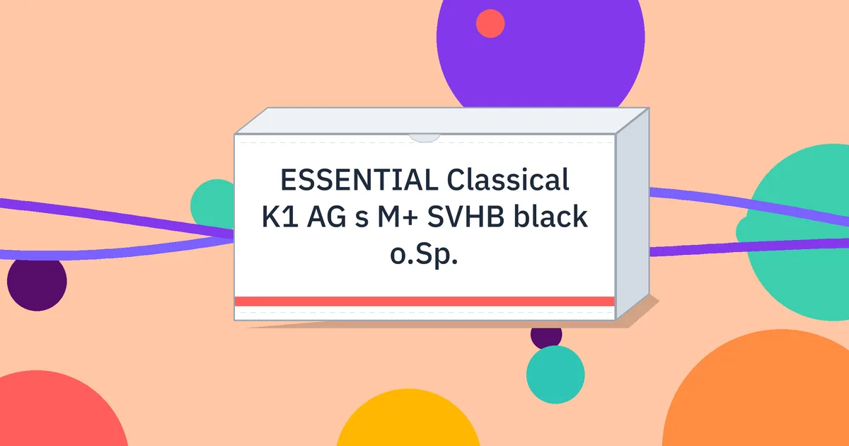 Symbolbild: Packung mit der Aufschrift ESSENTIAL Classical K1 AG s M+ SVHB black o.Sp. (PZN 18420582) – Verfügbarkeit und Bezug in Apotheken in Frankfurt am Main