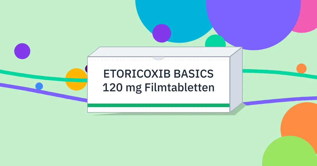 Symbolbild: Packung mit der Aufschrift ETORICOXIB BASICS 120 mg Filmtabletten (PZN 17668618) – Verfügbarkeit und Bezug in Apotheken in Frankfurt am Main