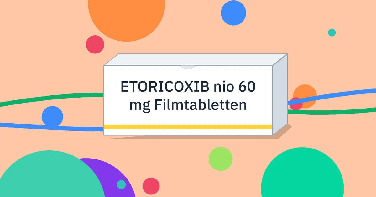 Symbolbild: Packung mit der Aufschrift ETORICOXIB nio 60 mg Filmtabletten (PZN 20348099) – Verfügbarkeit und Bezug in Apotheken in Frankfurt am Main