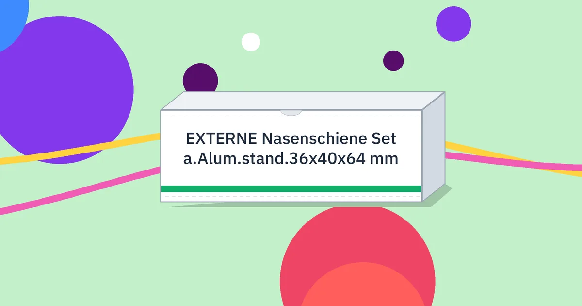 Symbolbild: Packung mit der Aufschrift EXTERNE Nasenschiene Set a.Alum.stand.36x40x64 mm (PZN 06495959) – Verfügbarkeit und Bezug in Apotheken in Frankfurt am Main