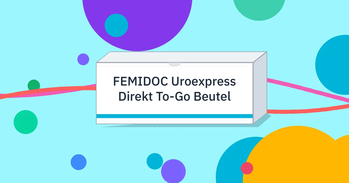 Symbolbild: Packung mit der Aufschrift FEMIDOC Uroexpress Direkt To-Go Beutel (PZN 16761451) – Verfügbarkeit und Bezug in Apotheken in Frankfurt am Main