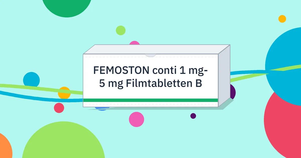 Symbolbild: Packung mit der Aufschrift FEMOSTON conti 1 mg-5 mg Filmtabletten B (PZN 12381792) – Verfügbarkeit und Bezug in Apotheken in Frankfurt am Main