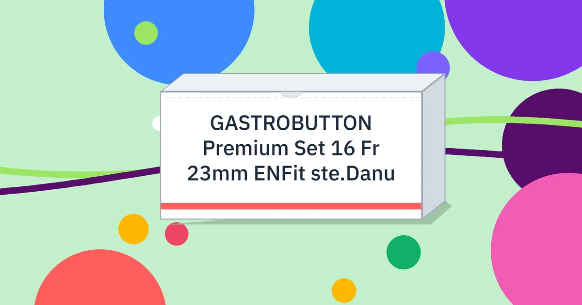 Symbolbild: Packung mit der Aufschrift GASTROBUTTON Premium Set 16 Fr 23mm ENFit ste.Danu (PZN 16883622) – Verfügbarkeit und Bezug in Apotheken in Frankfurt am Main