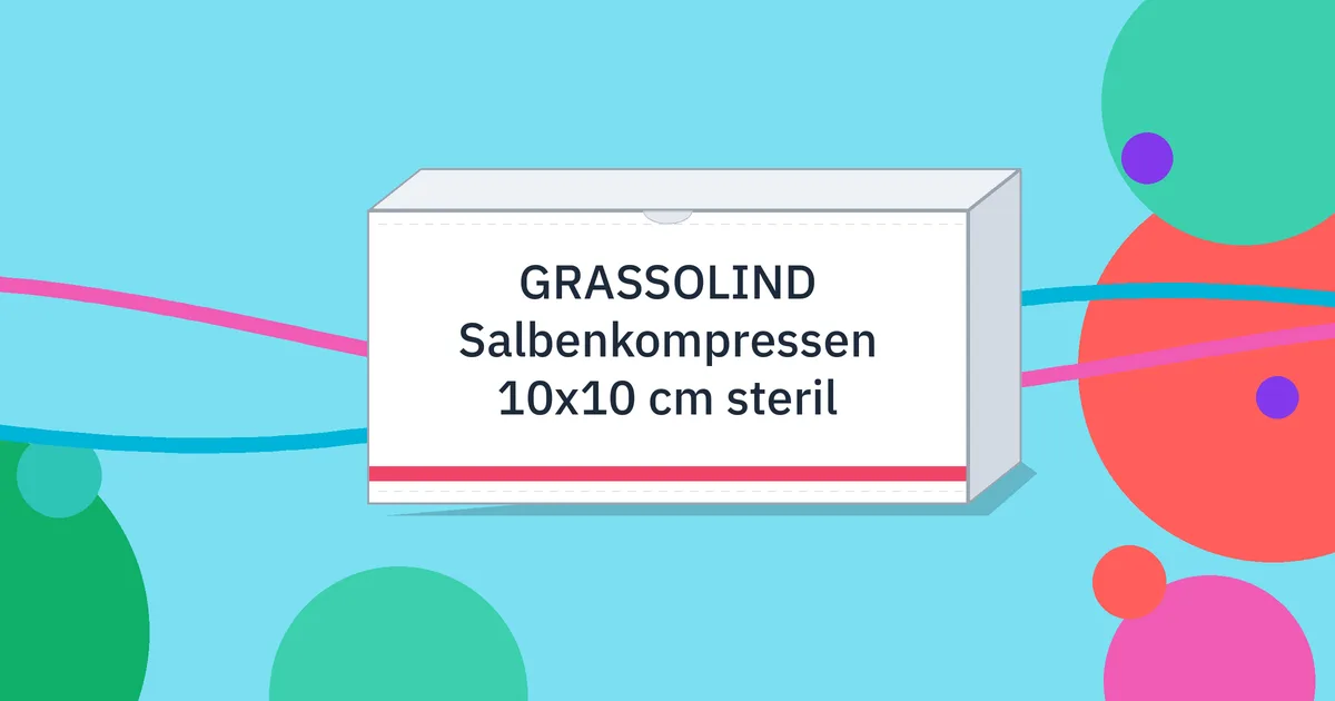 Symbolbild: Packung mit der Aufschrift GRASSOLIND Salbenkompressen 10x10 cm steril (PZN 16060116) – Verfügbarkeit und Bezug in Apotheken in Frankfurt am Main