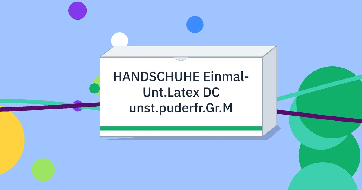 Symbolbild: Packung mit der Aufschrift HANDSCHUHE Einmal-Unt.Latex DC unst.puderfr.Gr.M (PZN 09671032) – Verfügbarkeit und Bezug in Apotheken in Frankfurt am Main