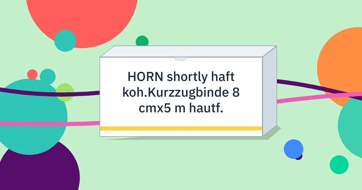 Symbolbild: Packung mit der Aufschrift HORN shortly haft koh.Kurzzugbinde 8 cmx5 m hautf. (PZN 04667876) – Verfügbarkeit und Bezug in Apotheken in Frankfurt am Main