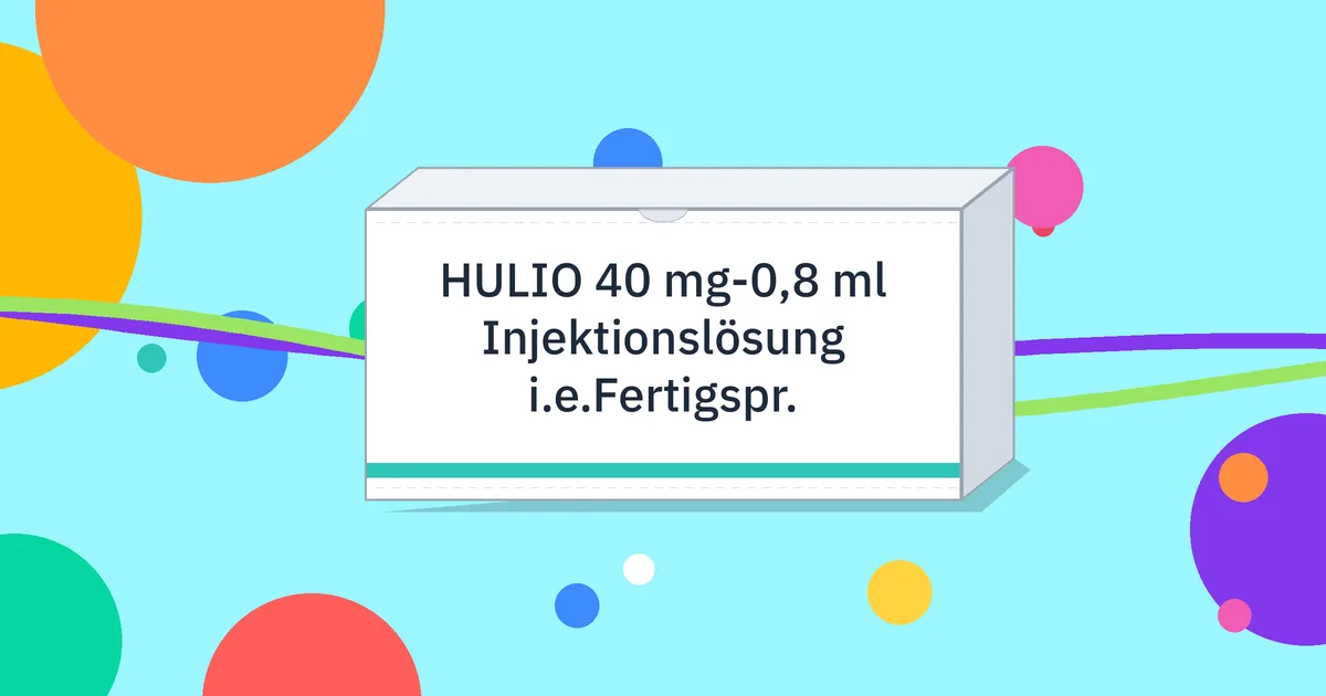Symbolbild: Packung mit der Aufschrift HULIO 40 mg-0,8 ml Injektionslösung i.e.Fertigspr. (PZN 17904645) – Verfügbarkeit und Bezug in Apotheken in Frankfurt am Main