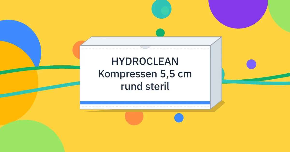 Symbolbild: Packung mit der Aufschrift HYDROCLEAN Kompressen 5,5 cm rund steril (PZN 18715946) – Verfügbarkeit und Bezug in Apotheken in Frankfurt am Main