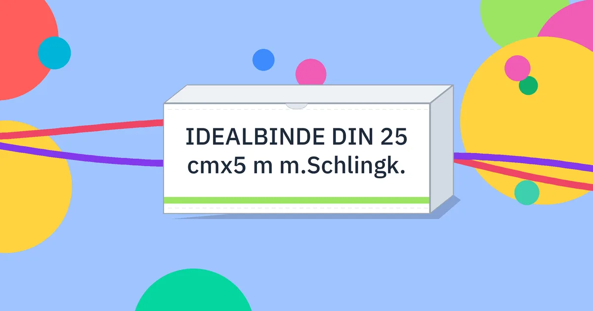 Symbolbild: Packung mit der Aufschrift IDEALBINDE DIN 25 cmx5 m m.Schlingk. (PZN 01720222) – Verfügbarkeit und Bezug in Apotheken in Frankfurt am Main