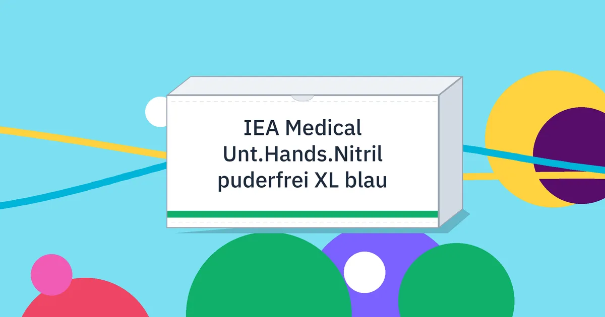 Symbolbild: Packung mit der Aufschrift IEA Medical Unt.Hands.Nitril puderfrei XL blau (PZN 18742179) – Verfügbarkeit und Bezug in Apotheken in Frankfurt am Main