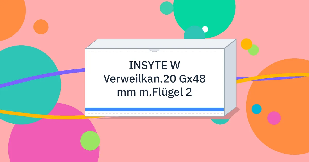 Symbolbild: Packung mit der Aufschrift INSYTE W Verweilkan.20 Gx48 mm m.Flügel 2 (PZN 13871216) – Verfügbarkeit und Bezug in Apotheken in Frankfurt am Main