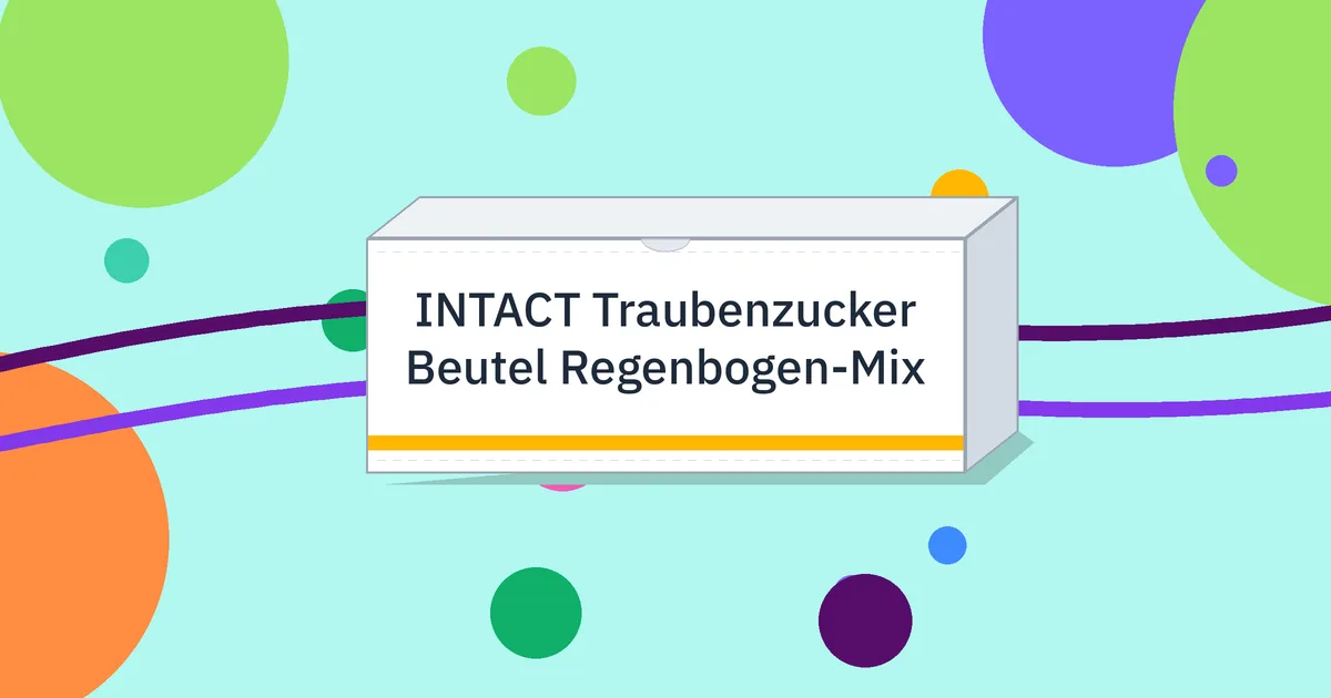 Symbolbild: Packung mit der Aufschrift INTACT Traubenzucker Beutel Regenbogen-Mix (PZN 19397448) – Verfügbarkeit und Bezug in Apotheken in Frankfurt am Main