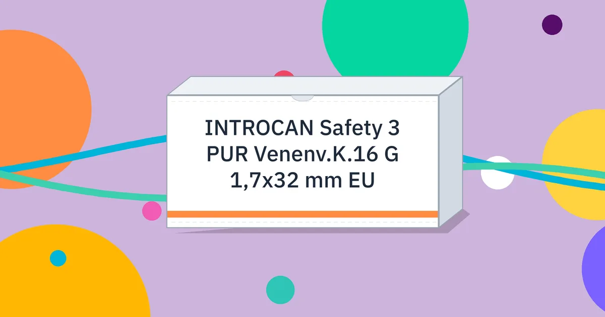 Symbolbild: Packung mit der Aufschrift INTROCAN Safety 3 PUR Venenv.K.16 G 1,7x32 mm EU (PZN 20345014) – Verfügbarkeit und Bezug in Apotheken in Frankfurt am Main