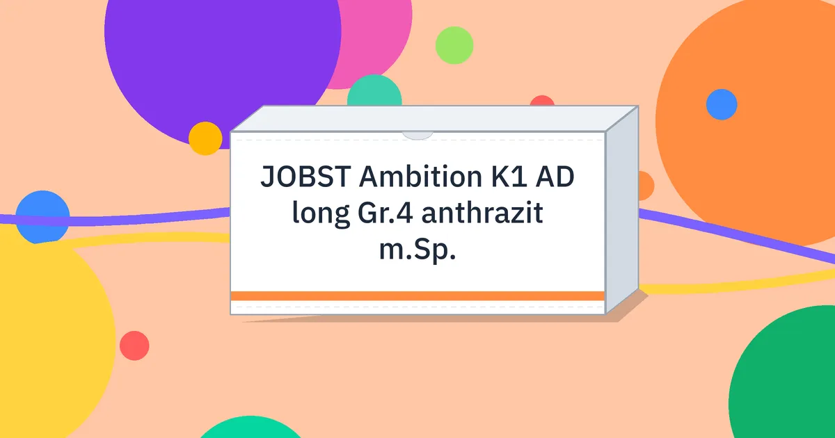 Symbolbild: Packung mit der Aufschrift JOBST Ambition K1 AD long Gr.4 anthrazit m.Sp. (PZN 11019758) – Verfügbarkeit und Bezug in Apotheken in Frankfurt am Main
