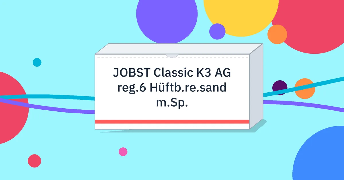 Symbolbild: Packung mit der Aufschrift JOBST Classic K3 AG reg.6 Hüftb.re.sand m.Sp. (PZN 13076341) – Verfügbarkeit und Bezug in Apotheken in Frankfurt am Main