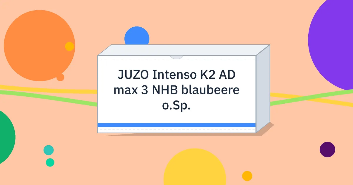 Symbolbild: Packung mit der Aufschrift JUZO Intenso K2 AD max 3 NHB blaubeere o.Sp. (PZN 18623339) – Verfügbarkeit und Bezug in Apotheken in Frankfurt am Main