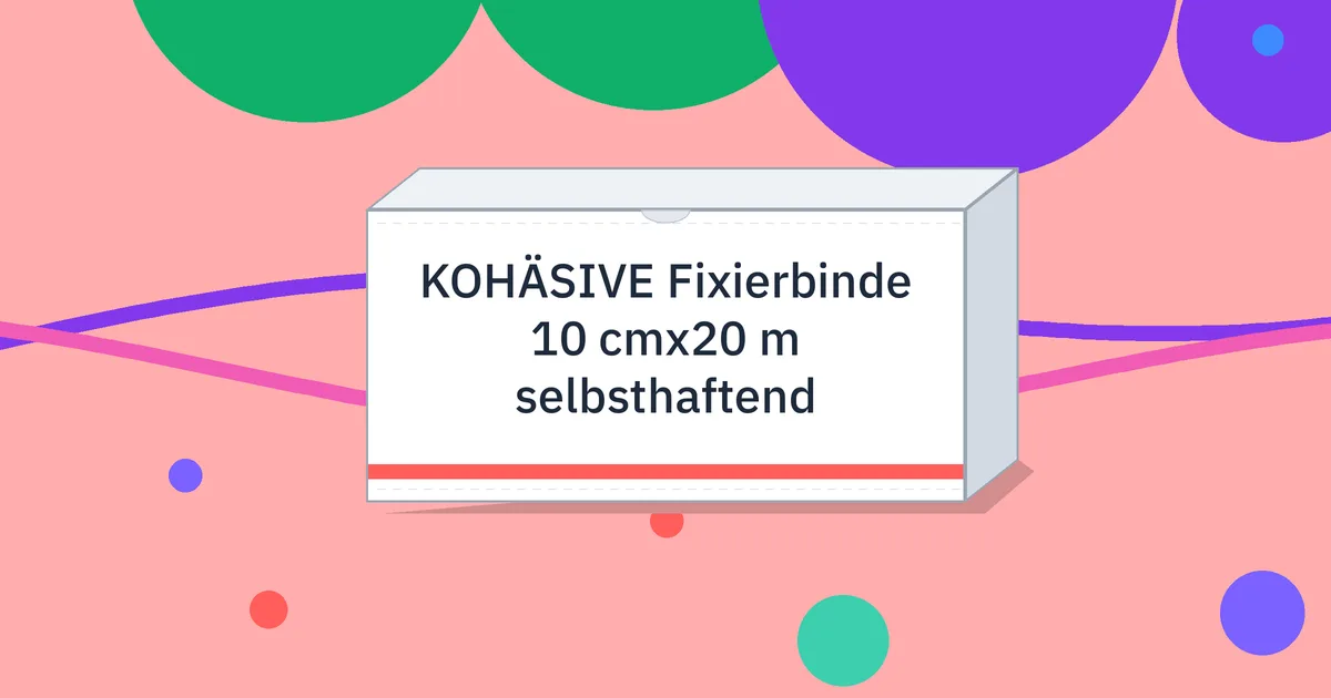 Symbolbild: Packung mit der Aufschrift KOHÄSIVE Fixierbinde 10 cmx20 m selbsthaftend (PZN 17542745) – Verfügbarkeit und Bezug in Apotheken in Frankfurt am Main
