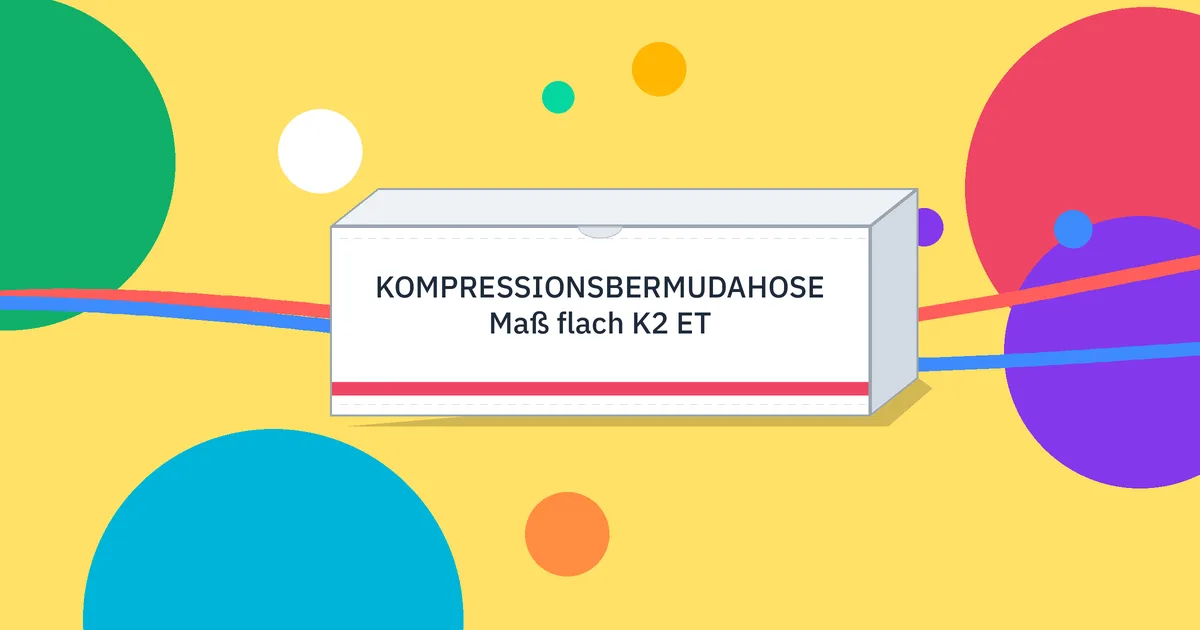 Symbolbild: Packung mit der Aufschrift KOMPRESSIONSBERMUDAHOSE Maß flach K2 ET (PZN 16745908) – Verfügbarkeit und Bezug in Apotheken in Frankfurt am Main