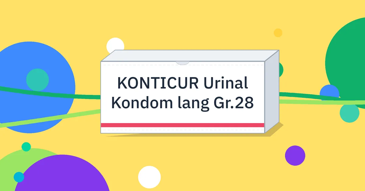 Symbolbild: Packung mit der Aufschrift KONTICUR Urinal Kondom lang Gr.28 (PZN 12659402) – Verfügbarkeit und Bezug in Apotheken in Frankfurt am Main