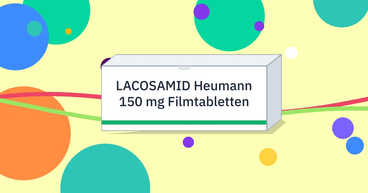 Symbolbild: Packung mit der Aufschrift LACOSAMID Heumann 150 mg Filmtabletten (PZN 16357939) – Verfügbarkeit und Bezug in Apotheken in Frankfurt am Main