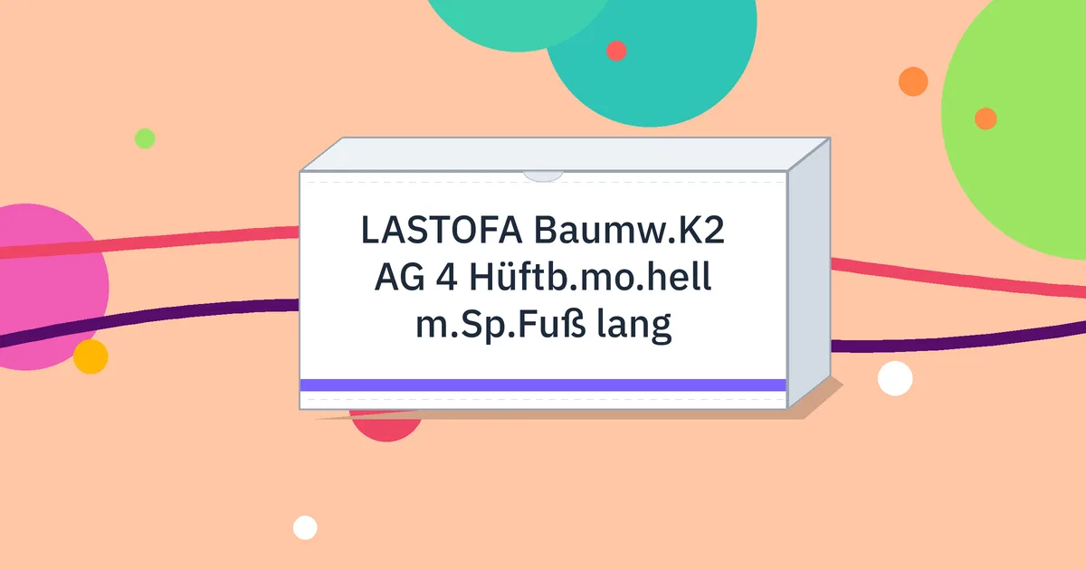 Symbolbild: Packung mit der Aufschrift LASTOFA Baumw.K2 AG 4 Hüftb.mo.hell m.Sp.Fuß lang (PZN 01949189) – Verfügbarkeit und Bezug in Apotheken in Frankfurt am Main