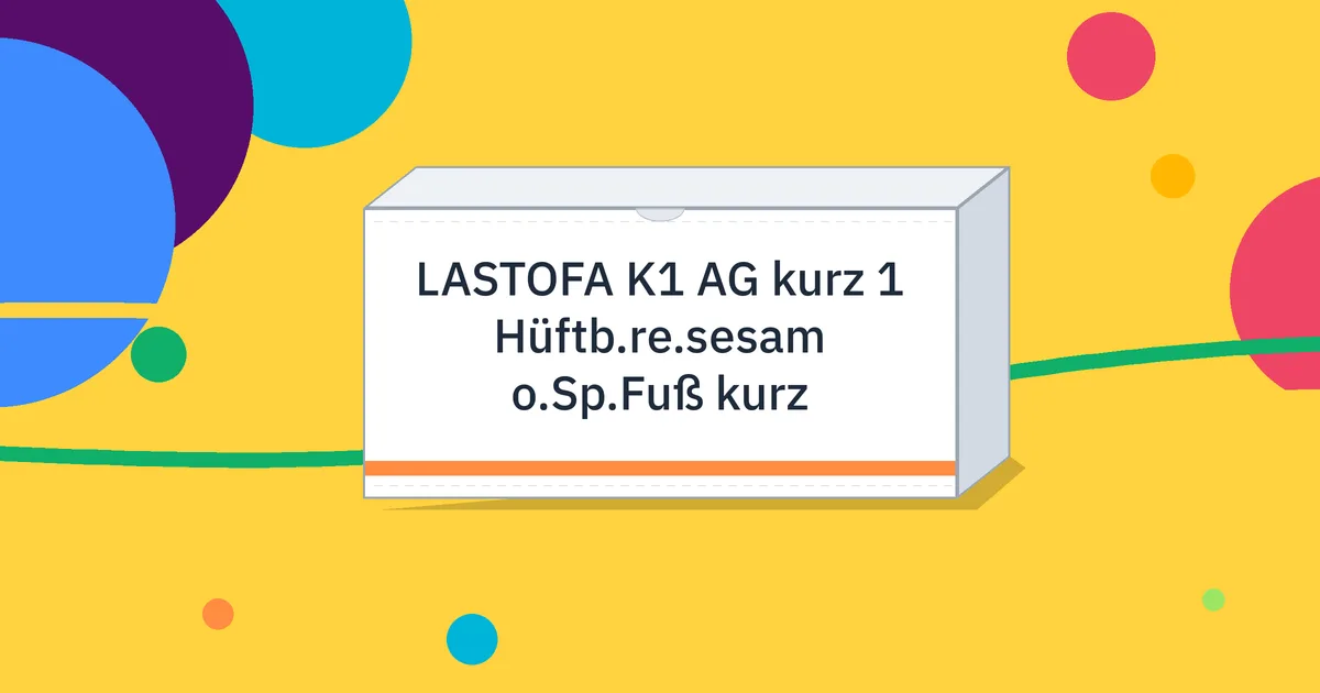 Symbolbild: Packung mit der Aufschrift LASTOFA K1 AG kurz 1 Hüftb.re.sesam o.Sp.Fuß kurz (PZN 13797448) – Verfügbarkeit und Bezug in Apotheken in Frankfurt am Main