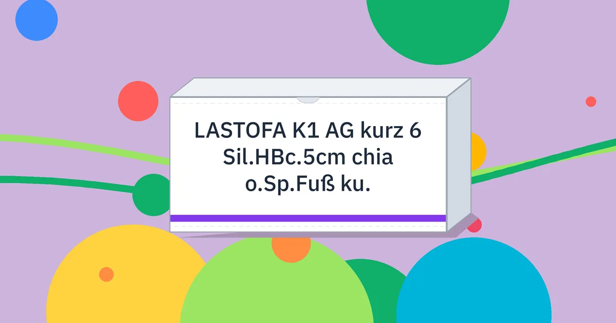 Symbolbild: Packung mit der Aufschrift LASTOFA K1 AG kurz 6 Sil.HBc.5cm chia o.Sp.Fuß ku. (PZN 13794042) – Verfügbarkeit und Bezug in Apotheken in Frankfurt am Main