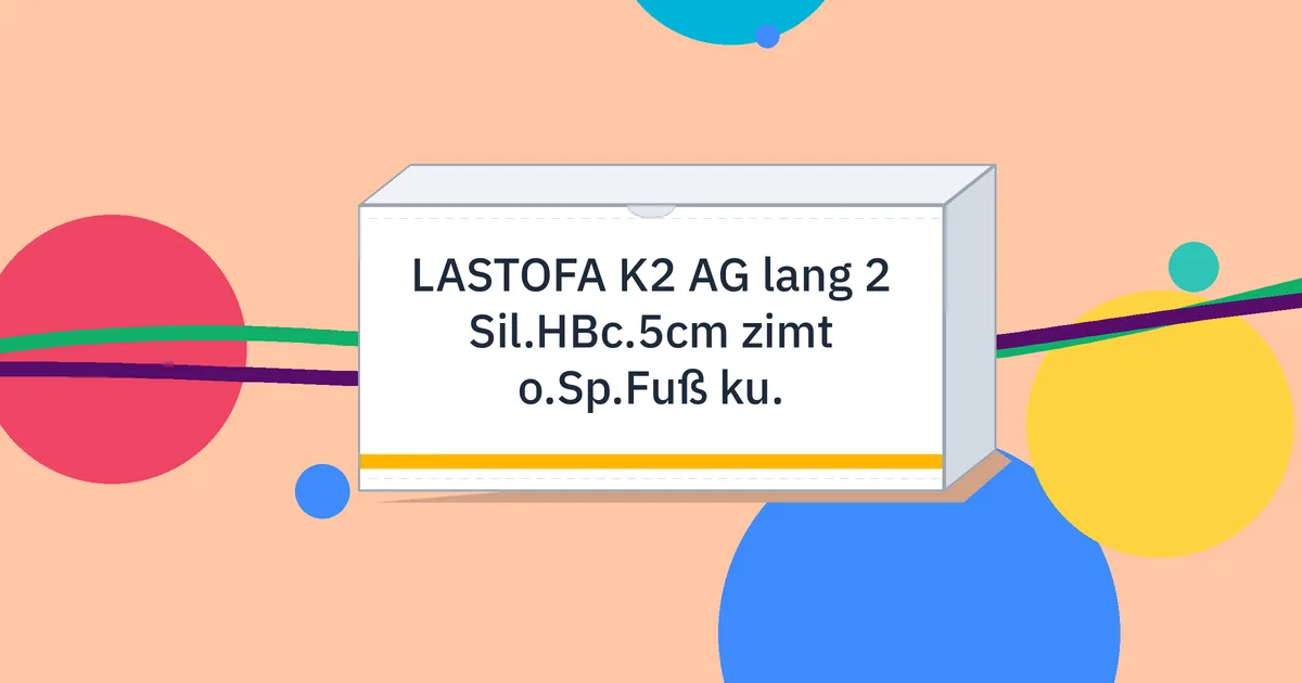 Symbolbild: Packung mit der Aufschrift LASTOFA K2 AG lang 2 Sil.HBc.5cm zimt o.Sp.Fuß ku. (PZN 13802988) – Verfügbarkeit und Bezug in Apotheken in Frankfurt am Main
