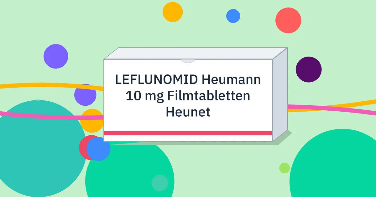 Symbolbild: Packung mit der Aufschrift LEFLUNOMID Heumann 10 mg Filmtabletten Heunet (PZN 16196672) – Verfügbarkeit und Bezug in Apotheken in Frankfurt am Main