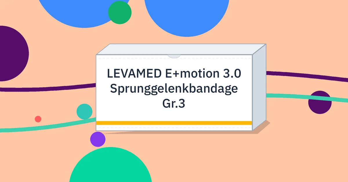 Symbolbild: Packung mit der Aufschrift LEVAMED E+motion 3.0 Sprunggelenkbandage Gr.3 (PZN 19369966) – Verfügbarkeit und Bezug in Apotheken in Frankfurt am Main