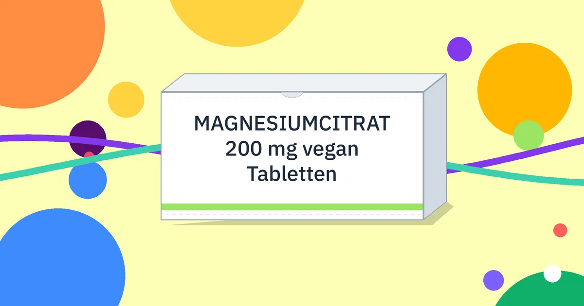 Symbolbild: Packung mit der Aufschrift MAGNESIUMCITRAT 200 mg vegan Tabletten (PZN 16130472) – Verfügbarkeit und Bezug in Apotheken in Frankfurt am Main