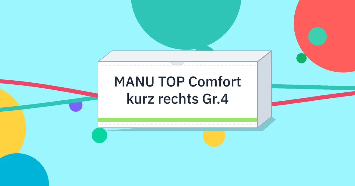 Symbolbild: Packung mit der Aufschrift MANU TOP Comfort kurz rechts Gr.4 (PZN 02774527) – Verfügbarkeit und Bezug in Apotheken in Frankfurt am Main