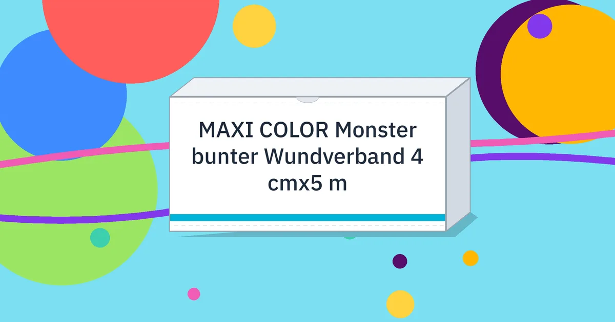 Symbolbild: Packung mit der Aufschrift MAXI COLOR Monster bunter Wundverband 4 cmx5 m (PZN 20128529) – Verfügbarkeit und Bezug in Apotheken in Frankfurt am Main