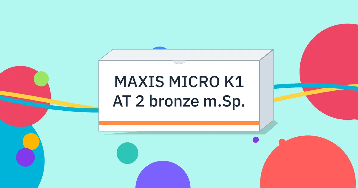 Symbolbild: Packung mit der Aufschrift MAXIS MICRO K1 AT 2 bronze m.Sp. (PZN 17671388) – Verfügbarkeit und Bezug in Apotheken in Frankfurt am Main