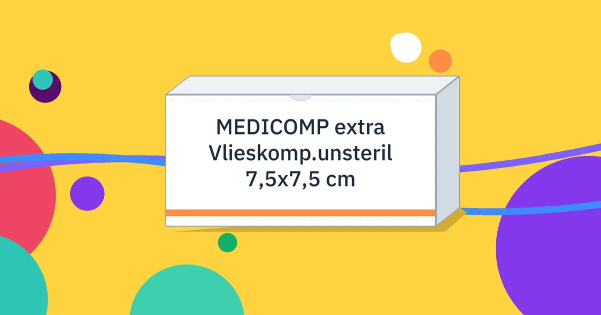 Symbolbild: Packung mit der Aufschrift MEDICOMP extra Vlieskomp.unsteril 7,5x7,5 cm (PZN 12593896) – Verfügbarkeit und Bezug in Apotheken in Frankfurt am Main