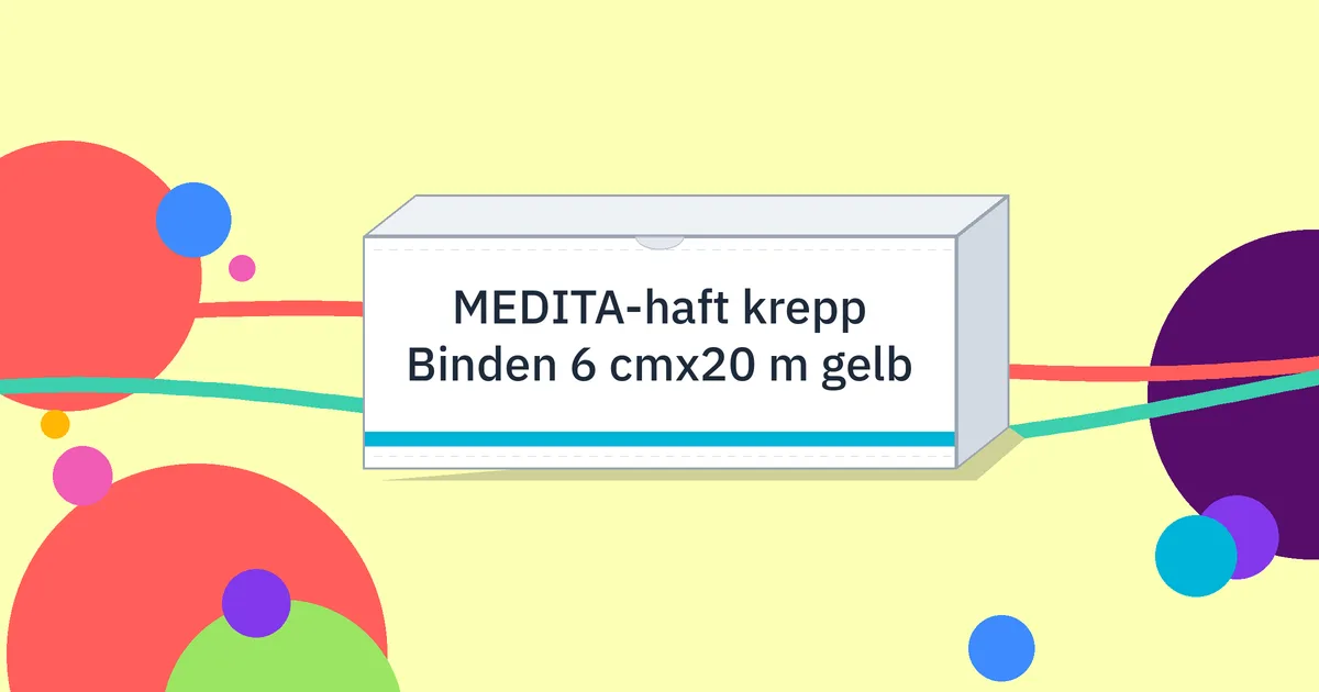 Symbolbild: Packung mit der Aufschrift MEDITA-haft krepp Binden 6 cmx20 m gelb (PZN 19452058) – Verfügbarkeit und Bezug in Apotheken in Frankfurt am Main