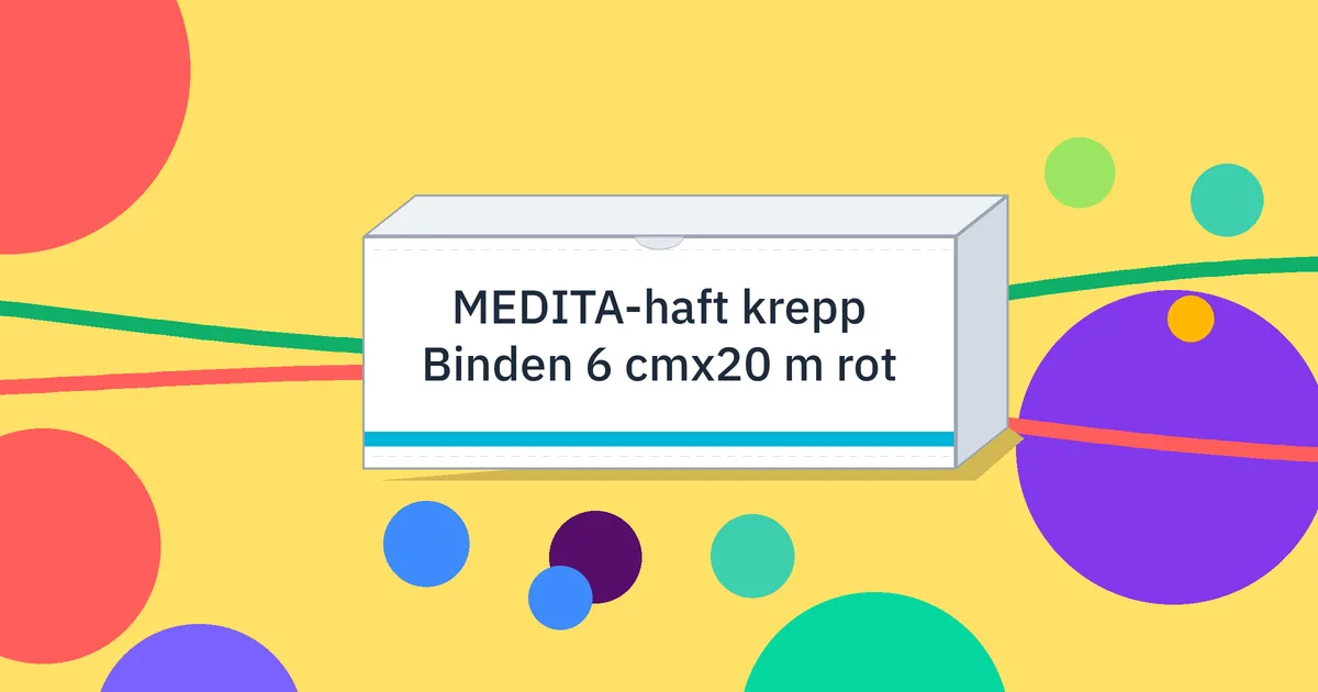 Symbolbild: Packung mit der Aufschrift MEDITA-haft krepp Binden 6 cmx20 m rot (PZN 19451917) – Verfügbarkeit und Bezug in Apotheken in Frankfurt am Main