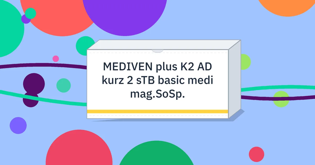 Symbolbild: Packung mit der Aufschrift MEDIVEN plus K2 AD kurz 2 sTB basic medi mag.SoSp. (PZN 15100003) – Verfügbarkeit und Bezug in Apotheken in Frankfurt am Main